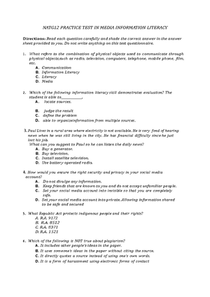 Pagbasa AT Pagsusuri NAT TEST - PAGBASA AT PAGSUSURI Pangalan