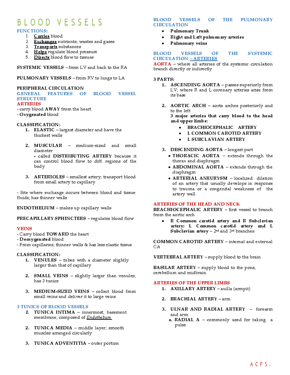 Blood Vessels - Nursing Note - A C P S. B L O O D V E S S E L S ...