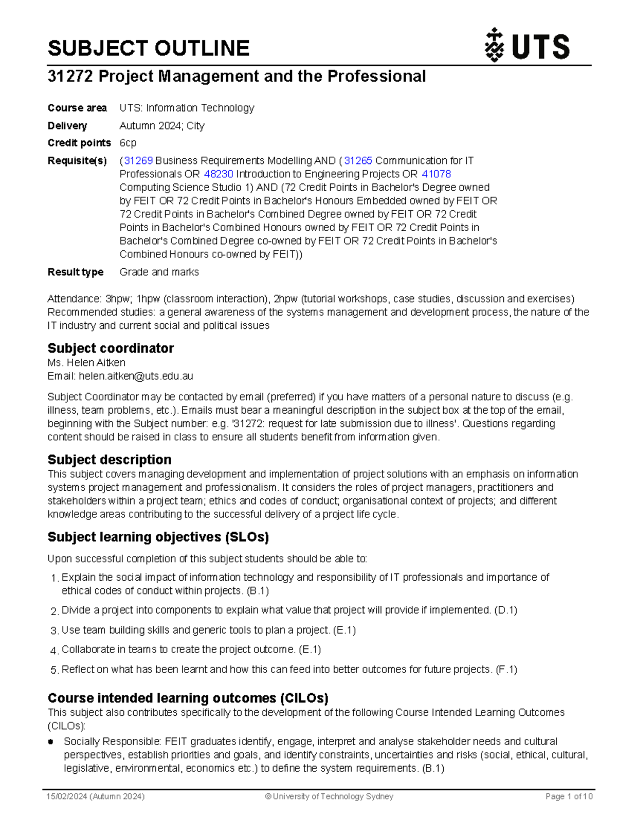31272 PMP Subject Outline - SUBJECT OUTLINE 31272 Project Management ...