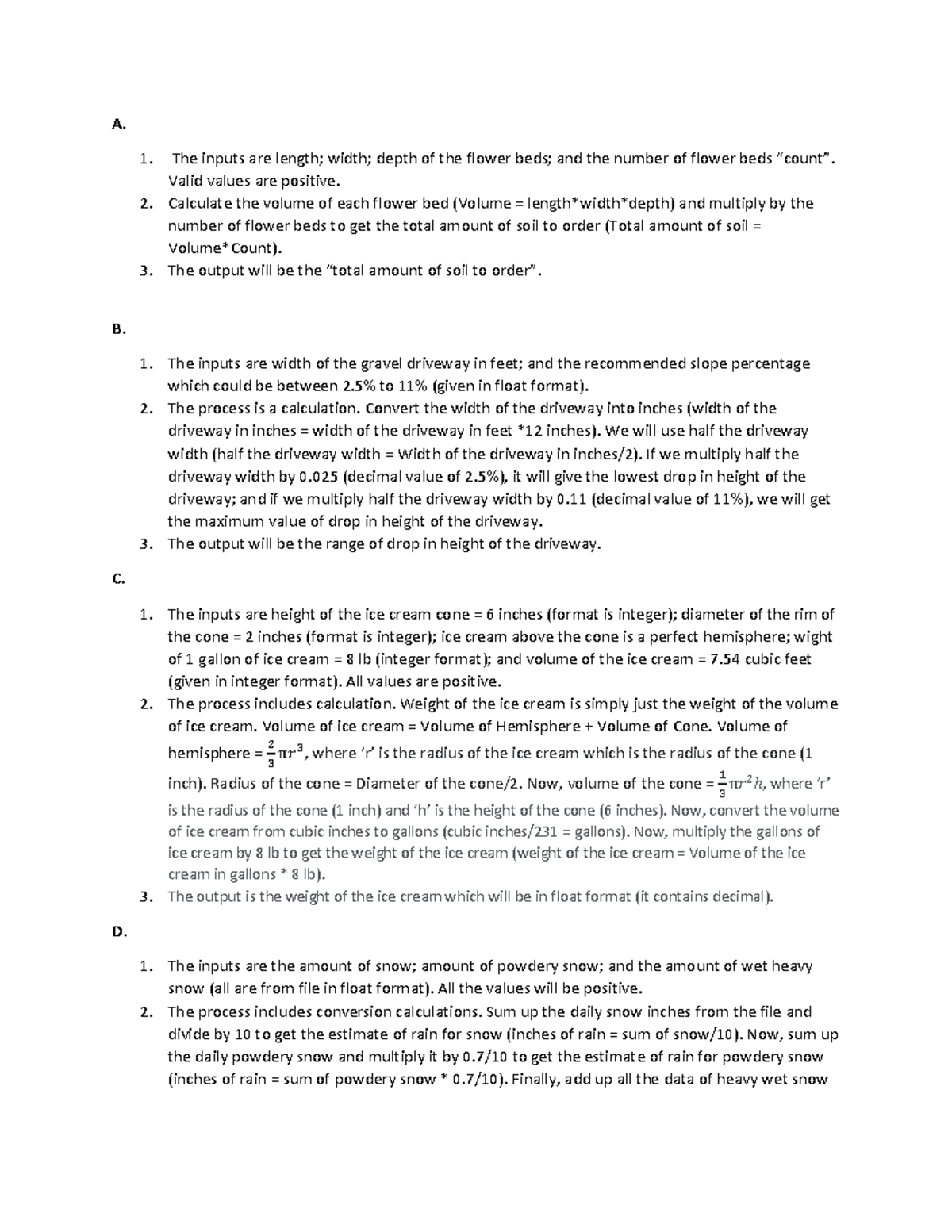 CS 104 Lab 1 exe set 1 - A. The inputs are length; width; depth of the ...