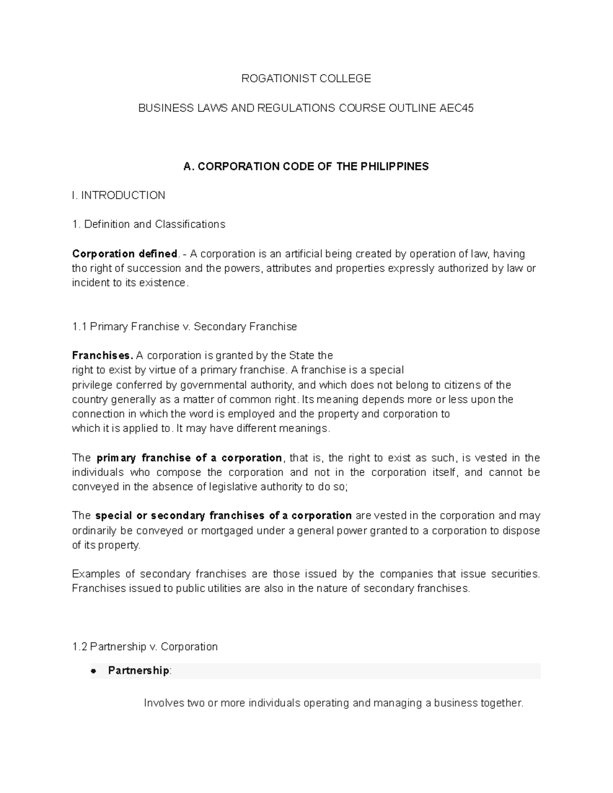Business law and regulations - ROGATIONIST COLLEGE BUSINESS LAWS AND ...