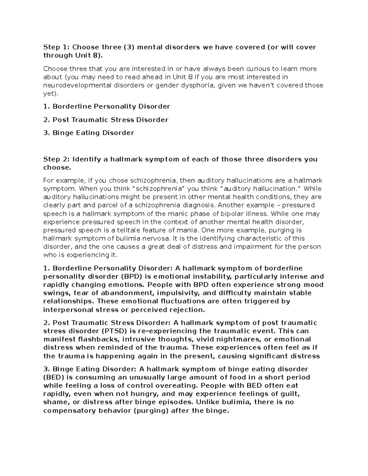 Applied final project outline - Step 1: Choose three (3) mental ...