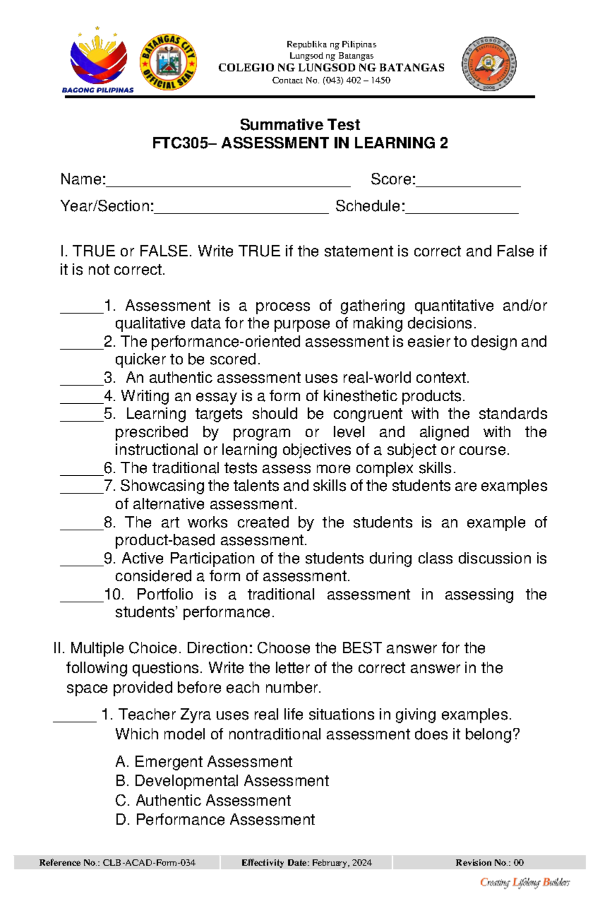 Assessment-in-Learning-1- ST1 - Reference No.: CLB-ACAD-Form- 034 ...