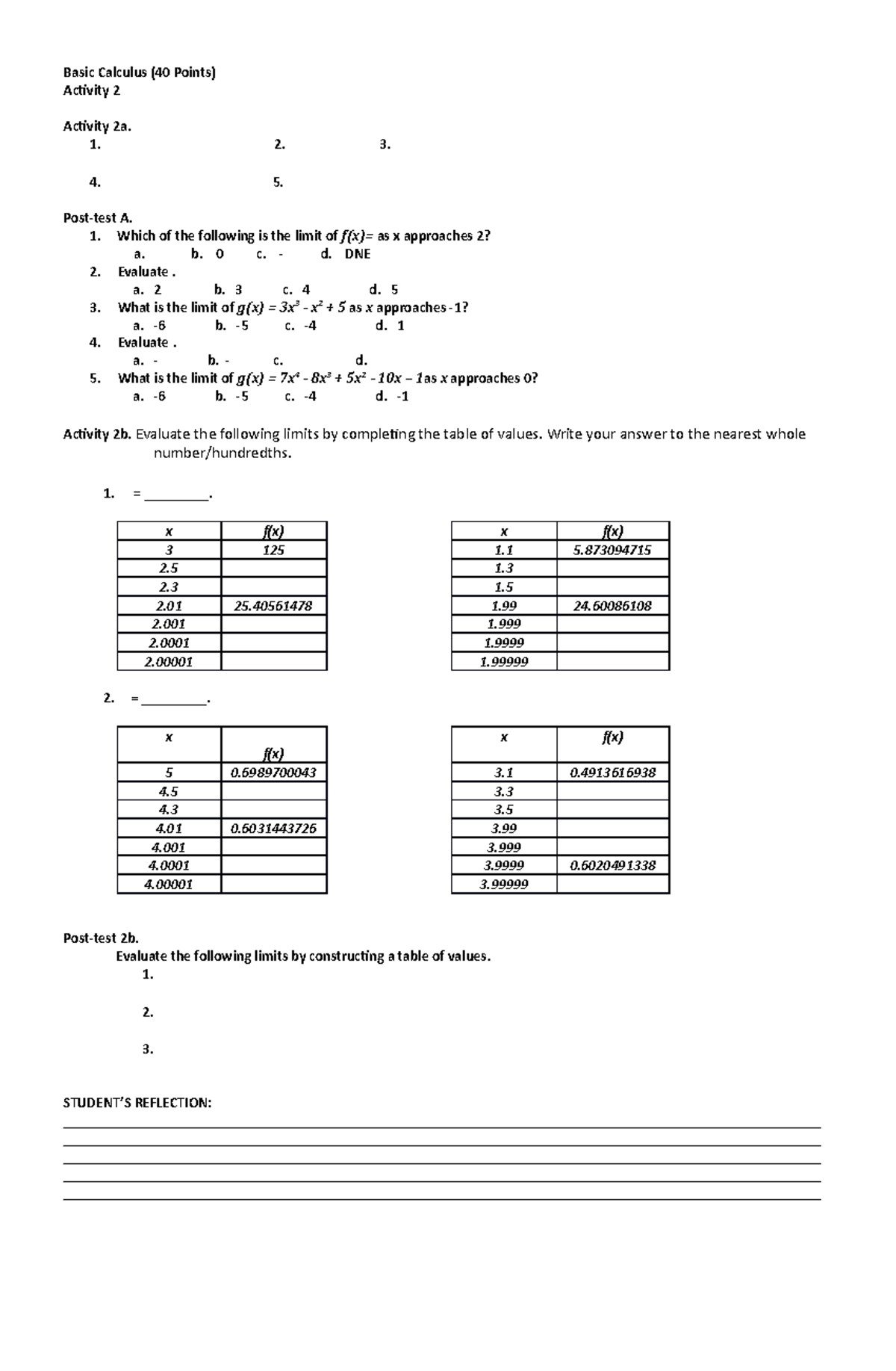 Basic Cal Activity 2 - Basic Calculus (40 Points) Activity 2 Activity ...