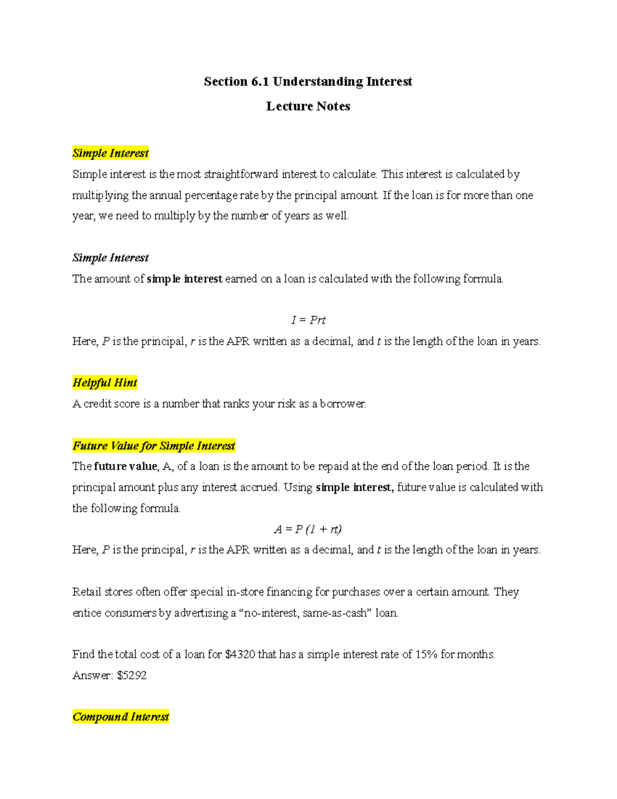 Section 6.1 (2) - Section 6 Understanding Interest Lecture Notes Simple ...