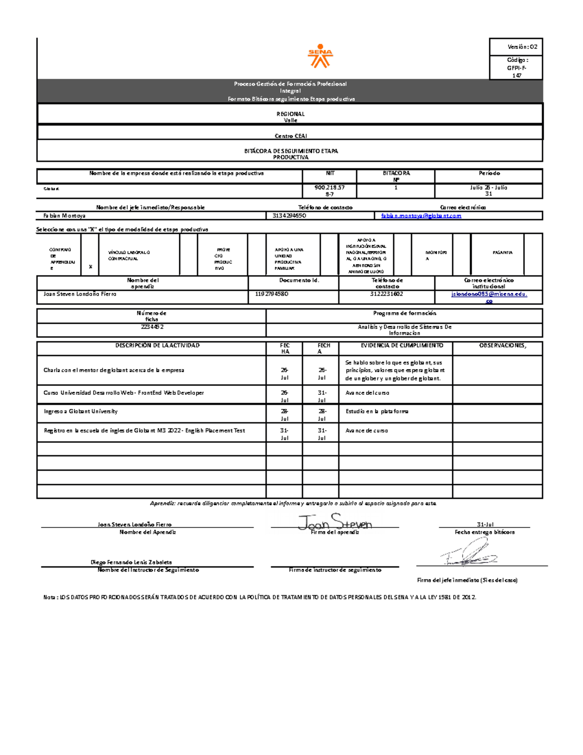 Bitácora 1 steven - Bitácoras de programacion - Versión: 02 Código ...