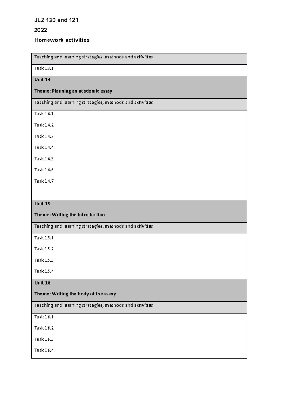 JLZ-Homework activities-2022 - 2022 Homework activities Teaching and ...