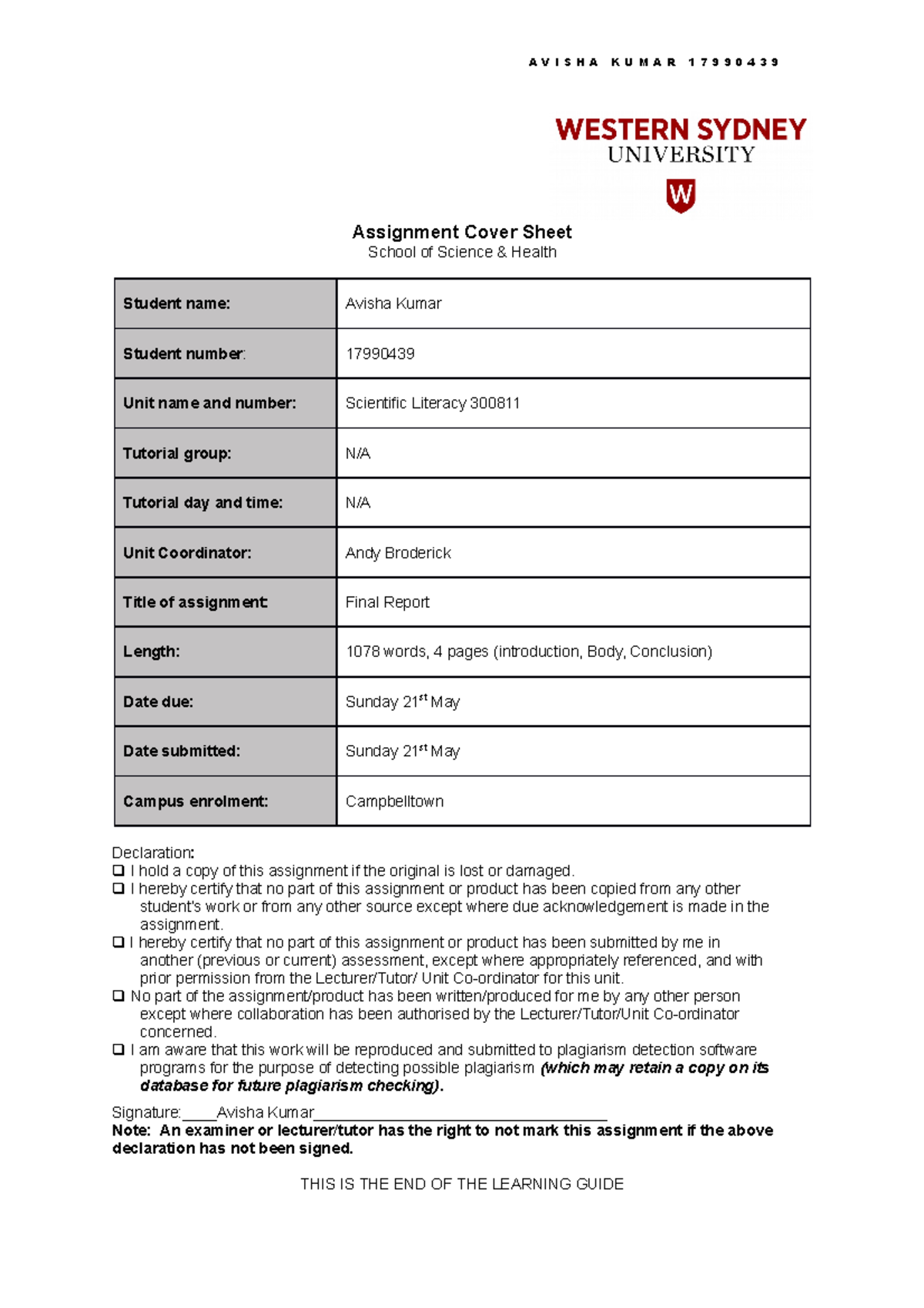 Final Report 17990439 - B+ - A V I S H A K U M A R 1 7 9 9 0 4 3 9 ...