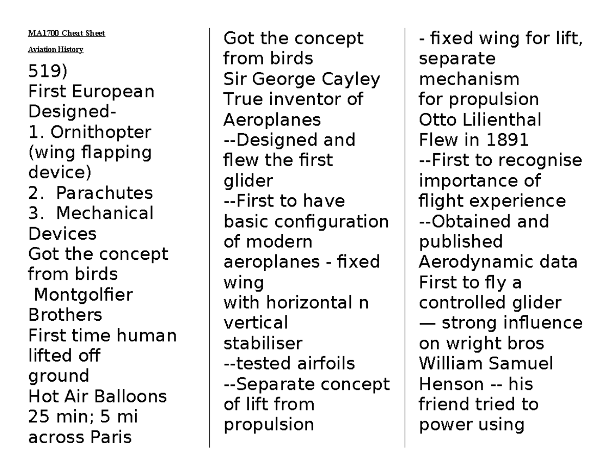 MA1700 Cheat Sheet - Summary Aerospace Discovery Course - MA1700 Cheat ...