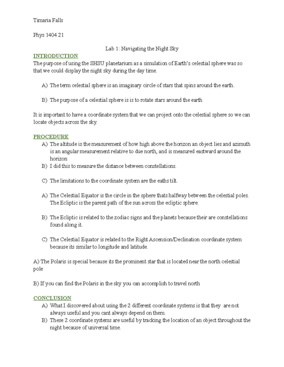 Physics Lab 1 Report DUE 1 26 @11 59 - Timaria Falls Phys 1404 21 Lab 1 ...