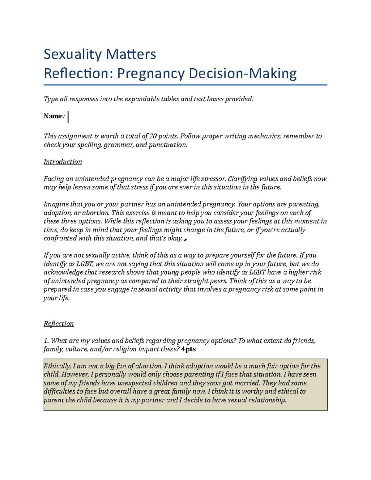 Reflection - Pregnancy Decision-Making - Sexuality Matters Reflection ...
