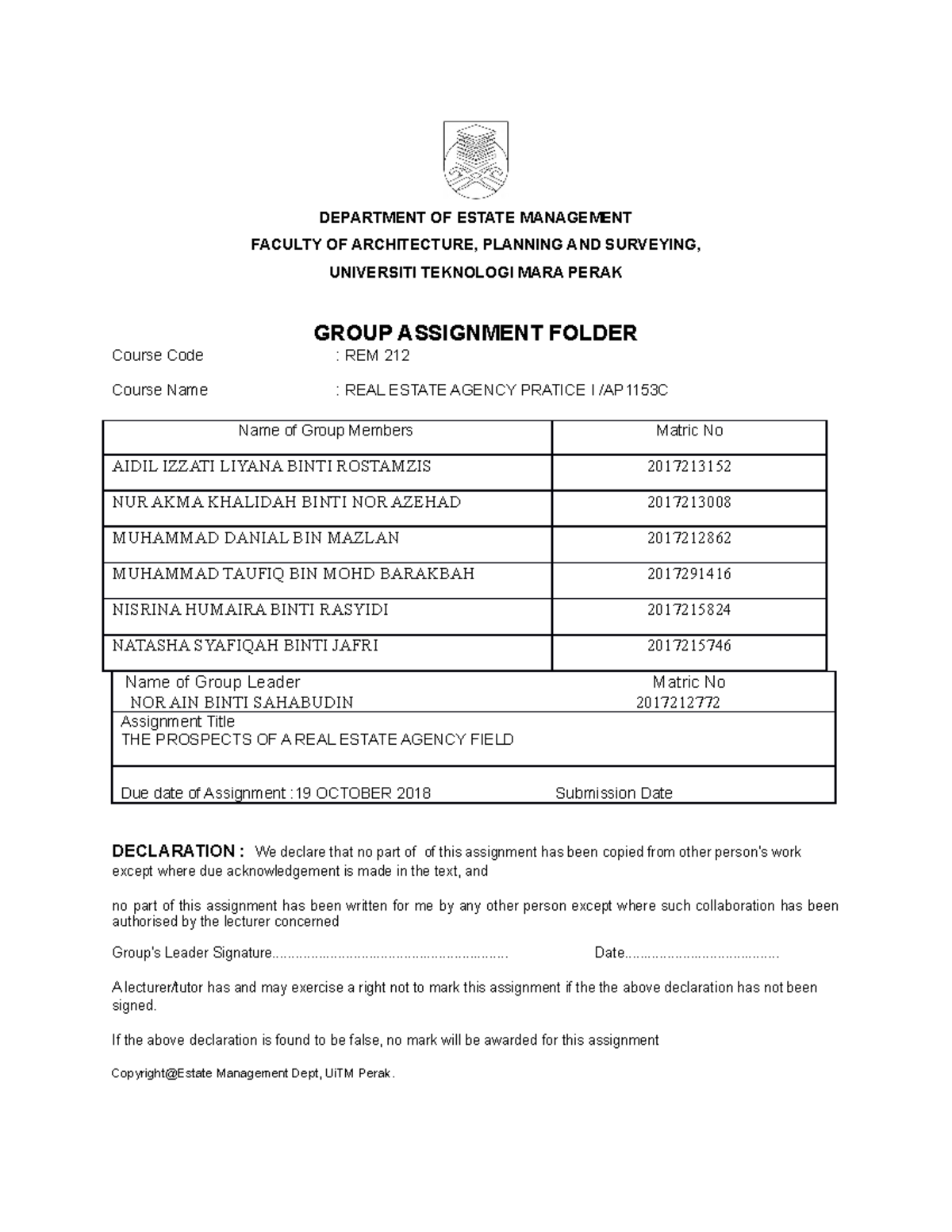 Report EA - DEPARTMENT OF ESTATE MANAGEMENT FACULTY OF ARCHITECTURE ...