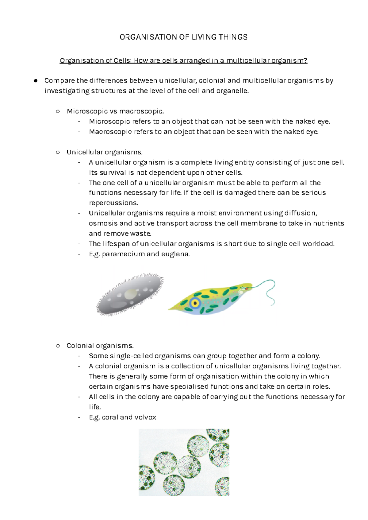 Prelim bio module 2 summary - ORGANISATION OF LIVING THINGS ...
