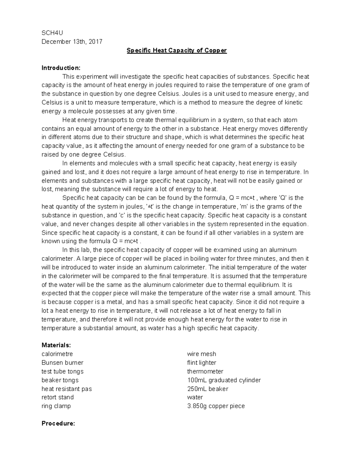 Specific Heat Capacity of Copper Experiment - Studocu