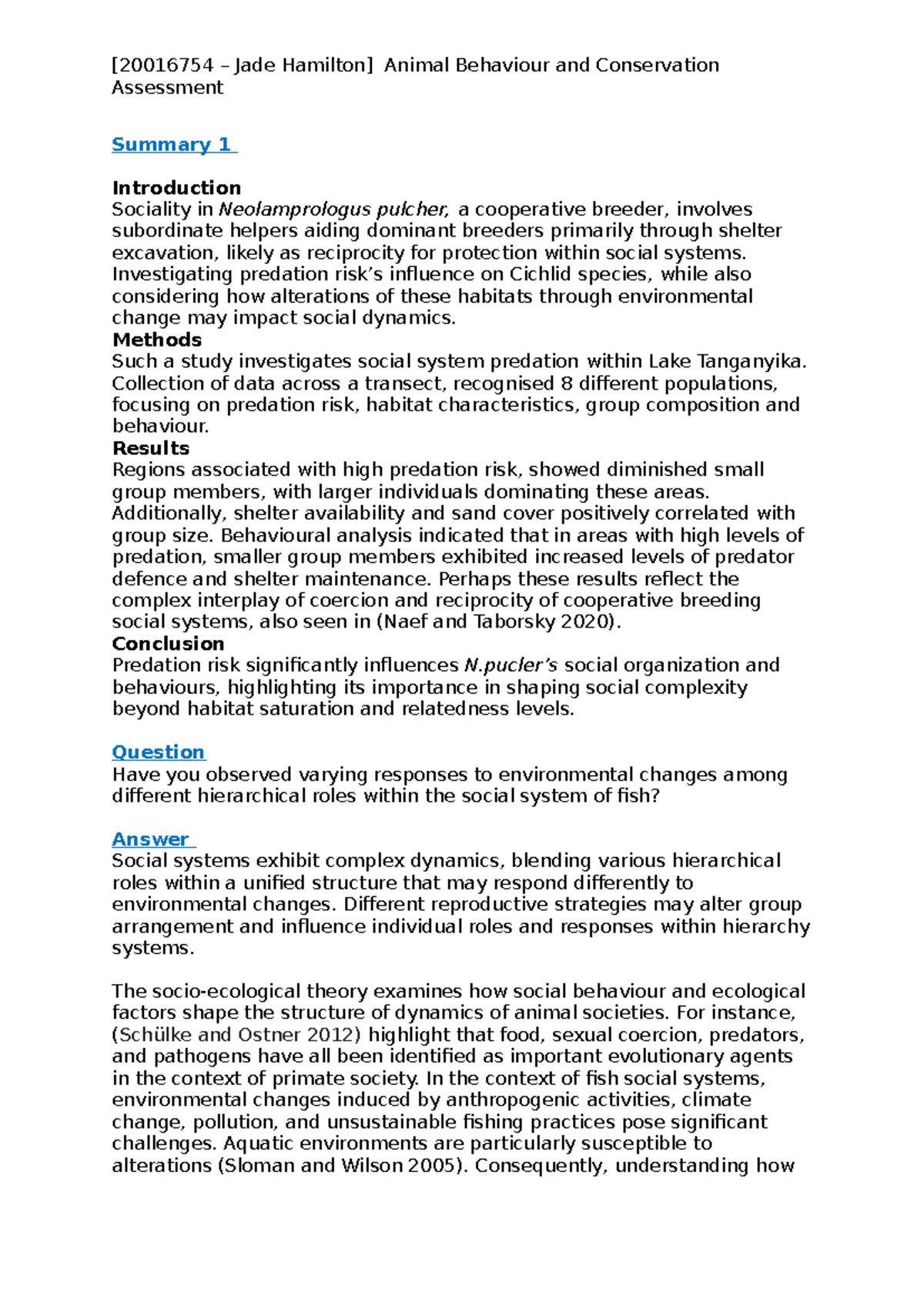 Jade Hamilton Essay - [20016754 – Jade Hamilton] Animal Behaviour and ...