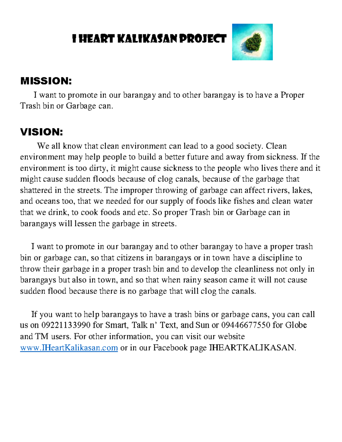 Vision AND Mission Example - I HEART KALIKASAN PROJECT MISSION: I want ...