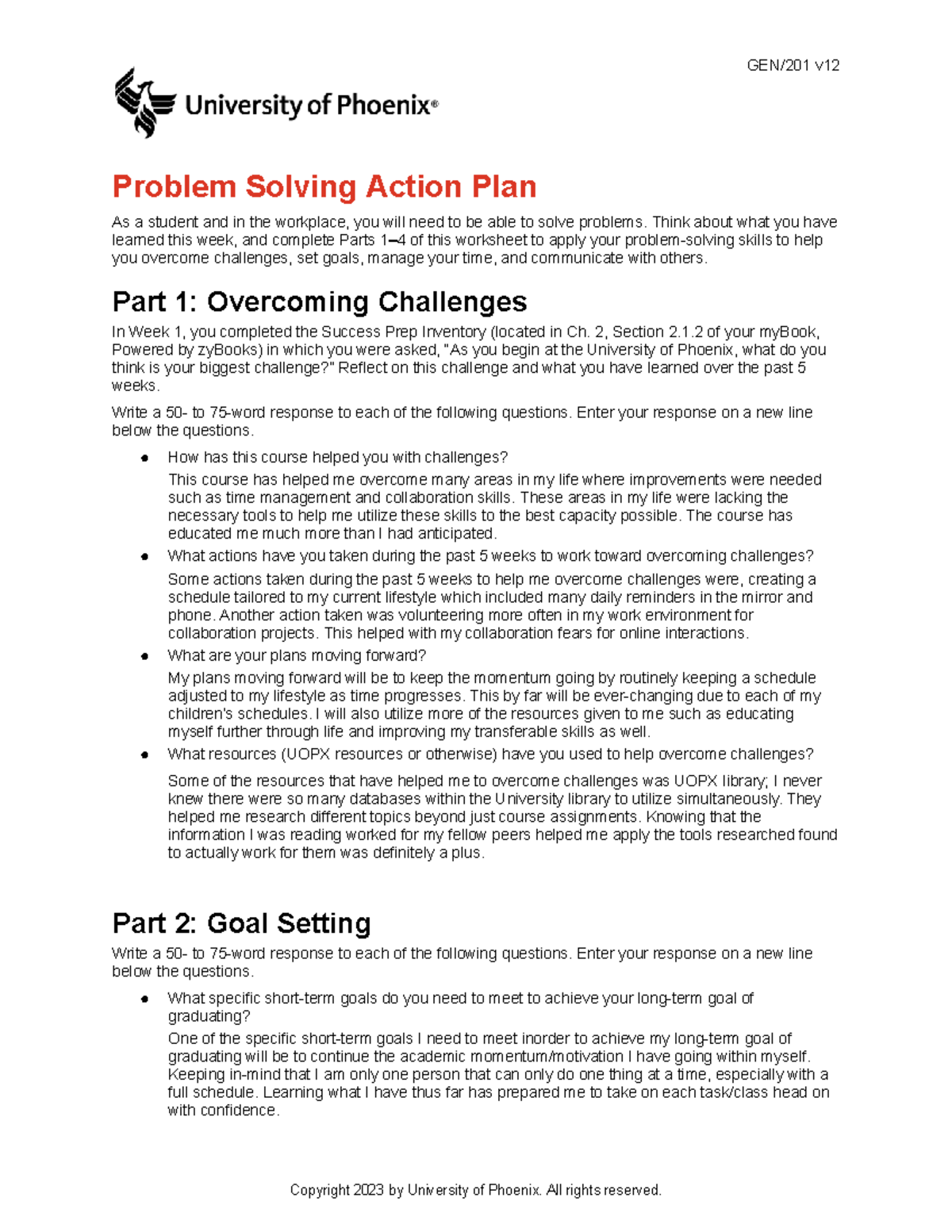 Wk5 problem solving action plan - GEN/201 v Problem Solving Action Plan ...