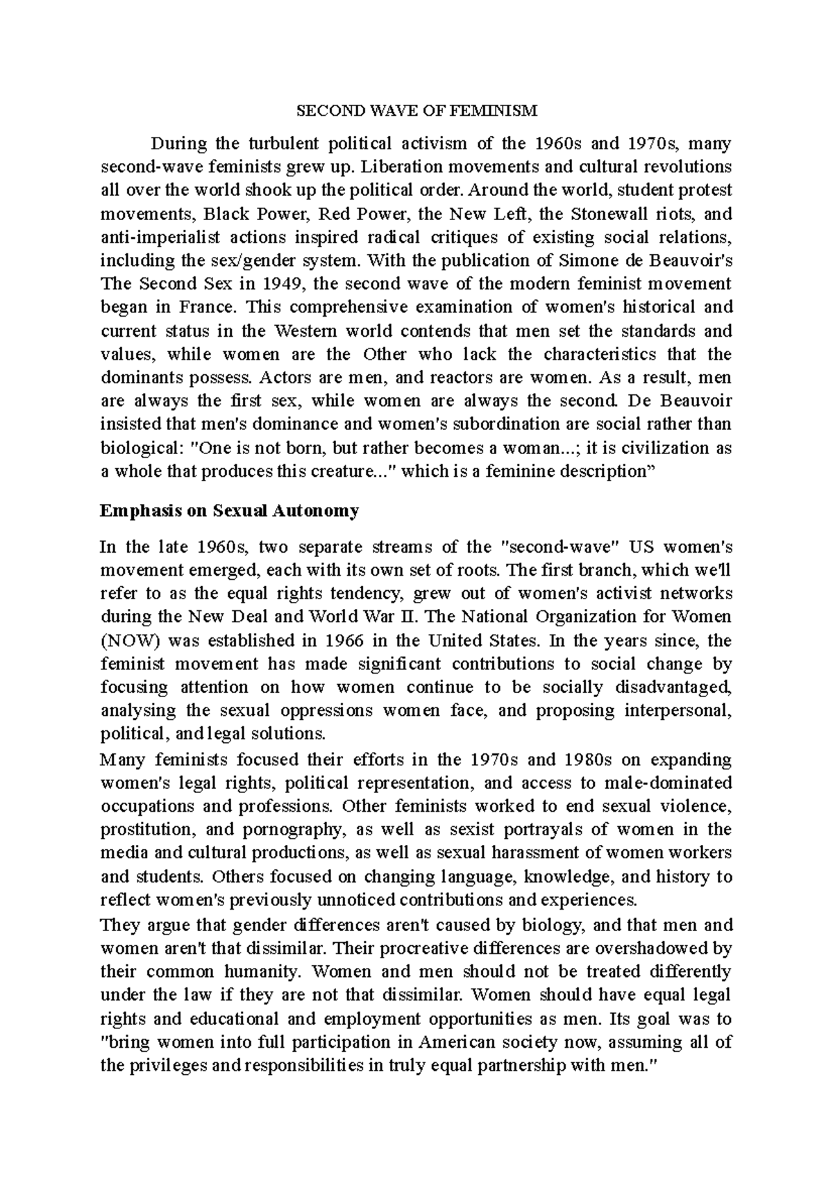 Second wave of feminism - SECOND WAVE OF FEMINISM During the turbulent ...