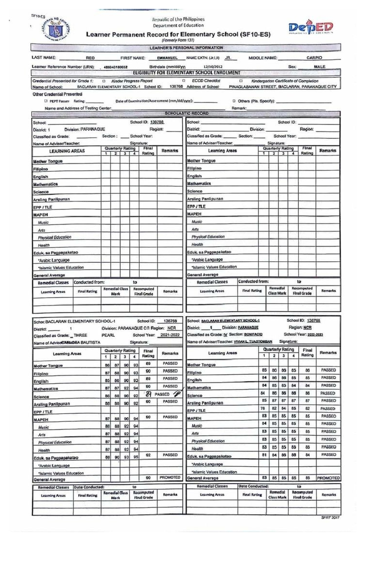 Red - cndkaslc - Republic of the Philippines Department of Education DepED Learner Permanent ...