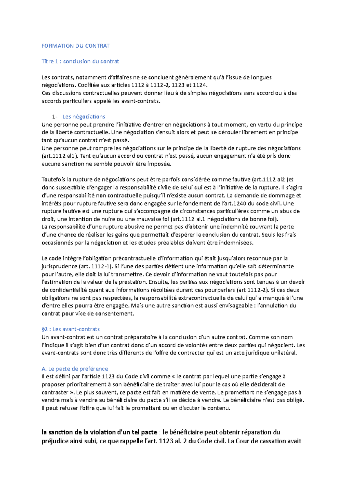 Document 3 - Notes de cours - FORMATION DU CONTRAT Titre 1 : conclusion ...