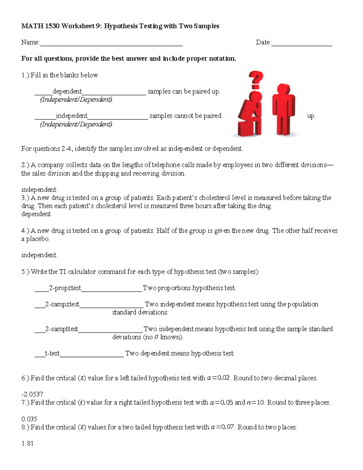 1530Worksheet 9 - practice material for statistics - MATH 1530 ...