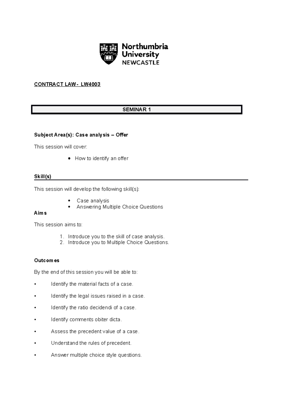 Offer and acceptance seminar 1 - CONTRACT LAW- LW SEMINAR 1 Subject ...