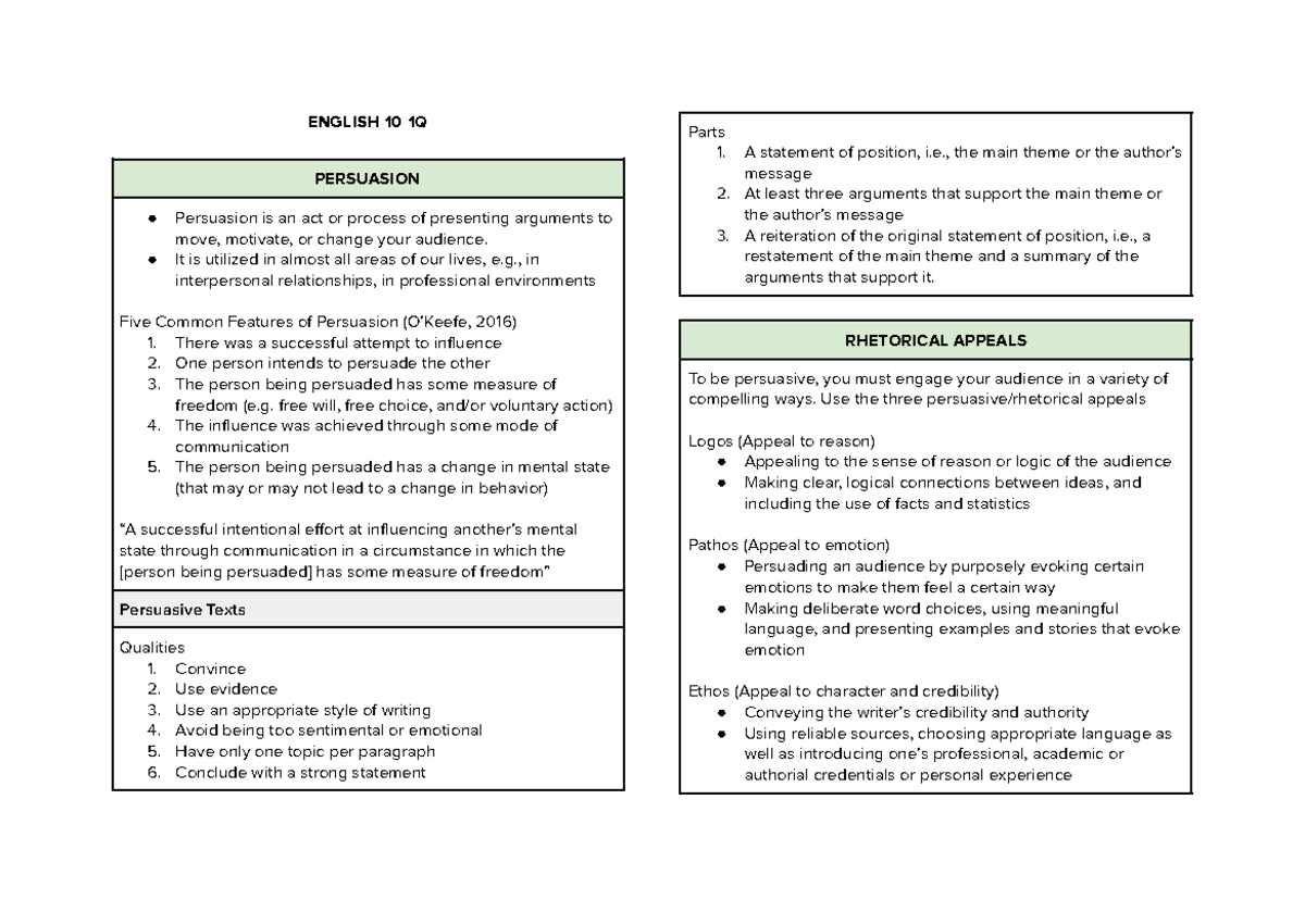 English Grade 10 1st Quarter Reviewer - ENGLISH 10 1Q PERSUASION ...