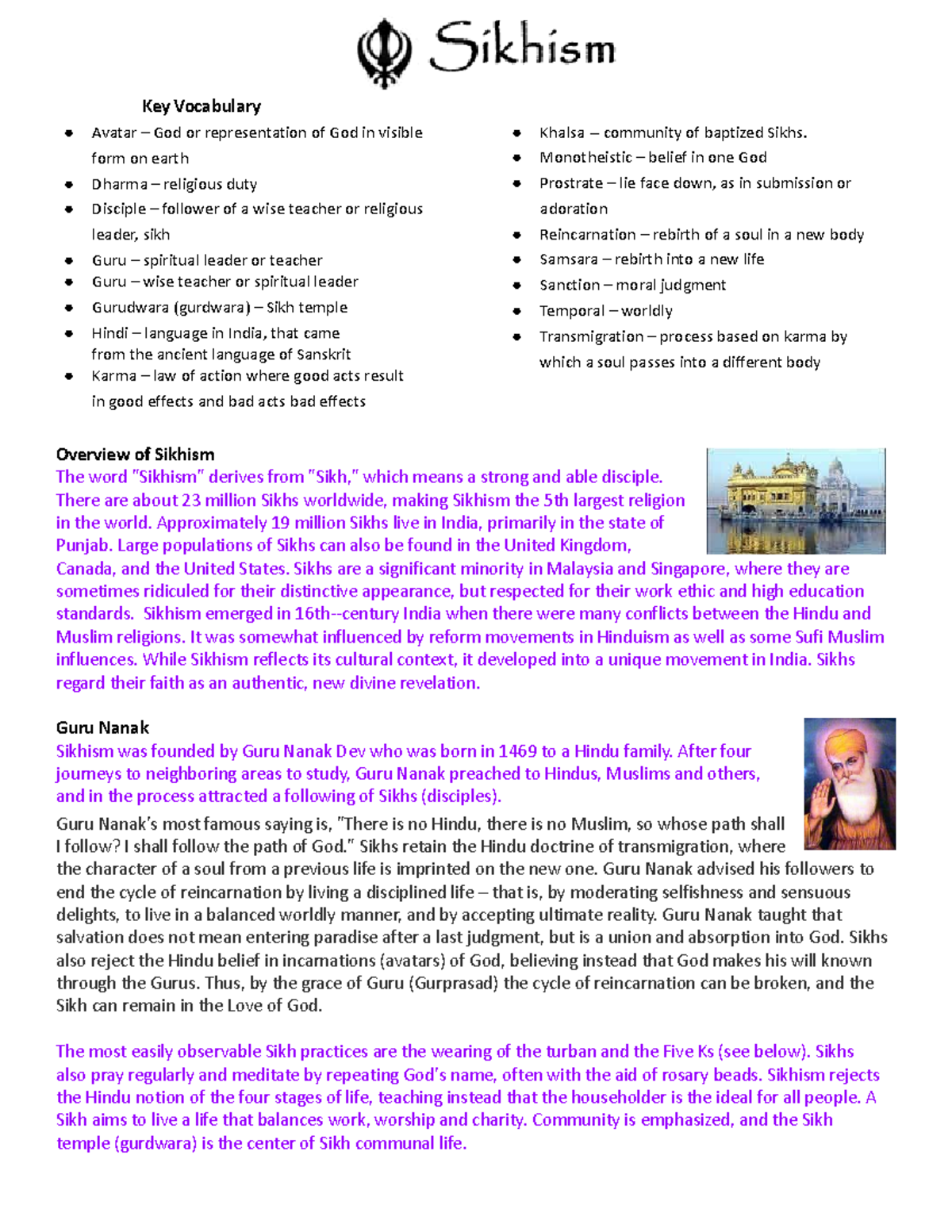 Sikh Lesson Beliefs - Sihkism main ideas - Key Vocabulary Avatar – God ...