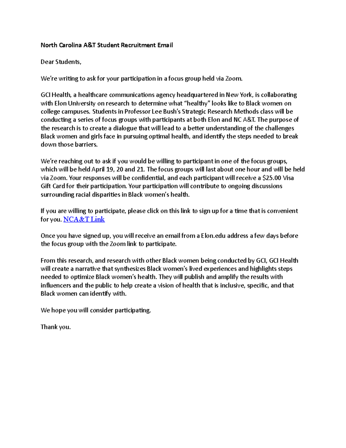 NC AT Recruitment Email - North Carolina A&T Student Recruitment Email ...