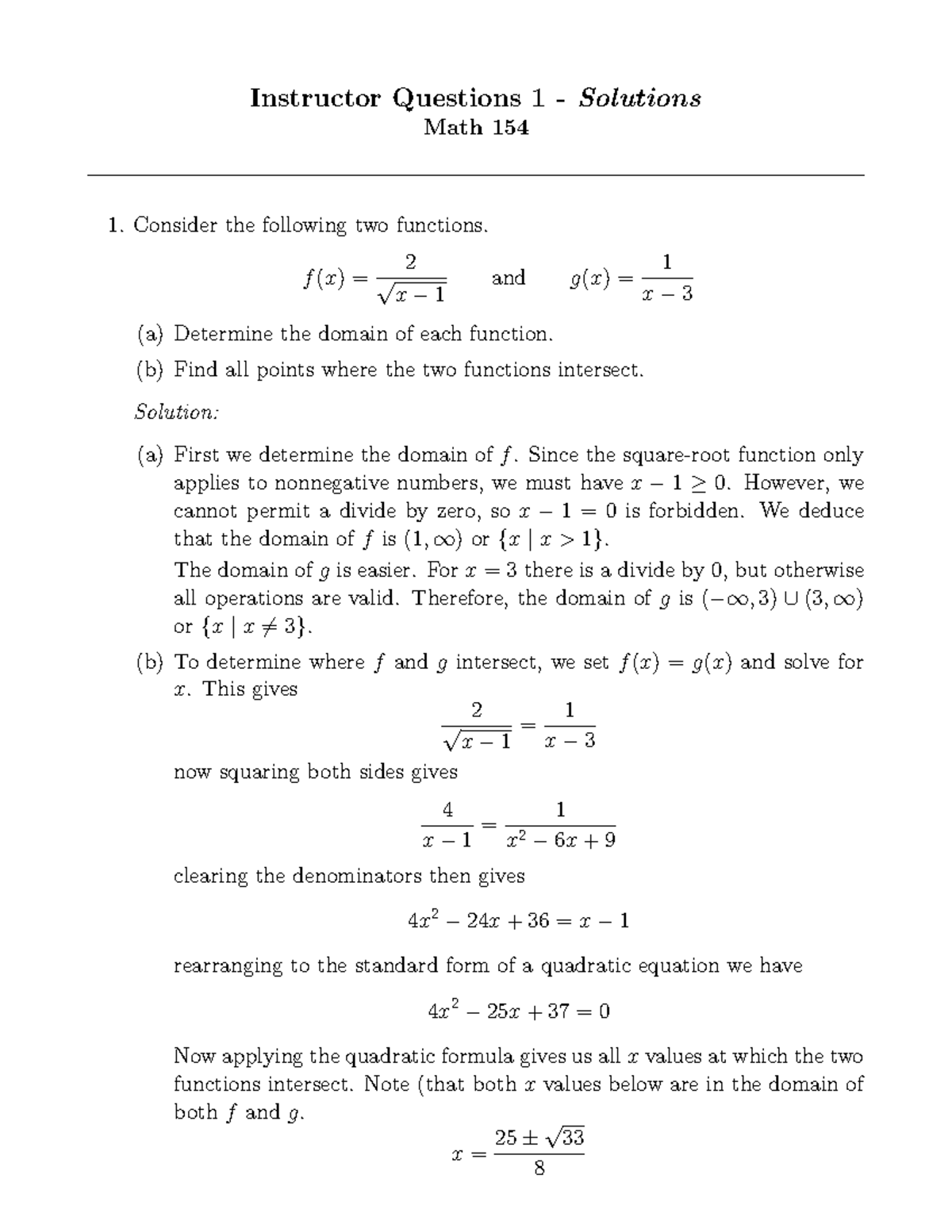 Instructor Question 1 Solution - Instructor Questions 1 - Solutions Math 154 Consider the ...