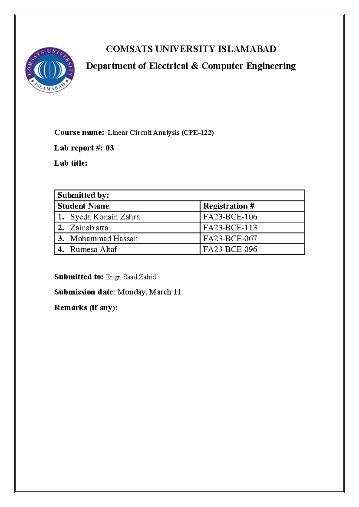 LCA LAB 03 - reports and assignments - COMSATS UNIVERSITY ISLAMABAD ...