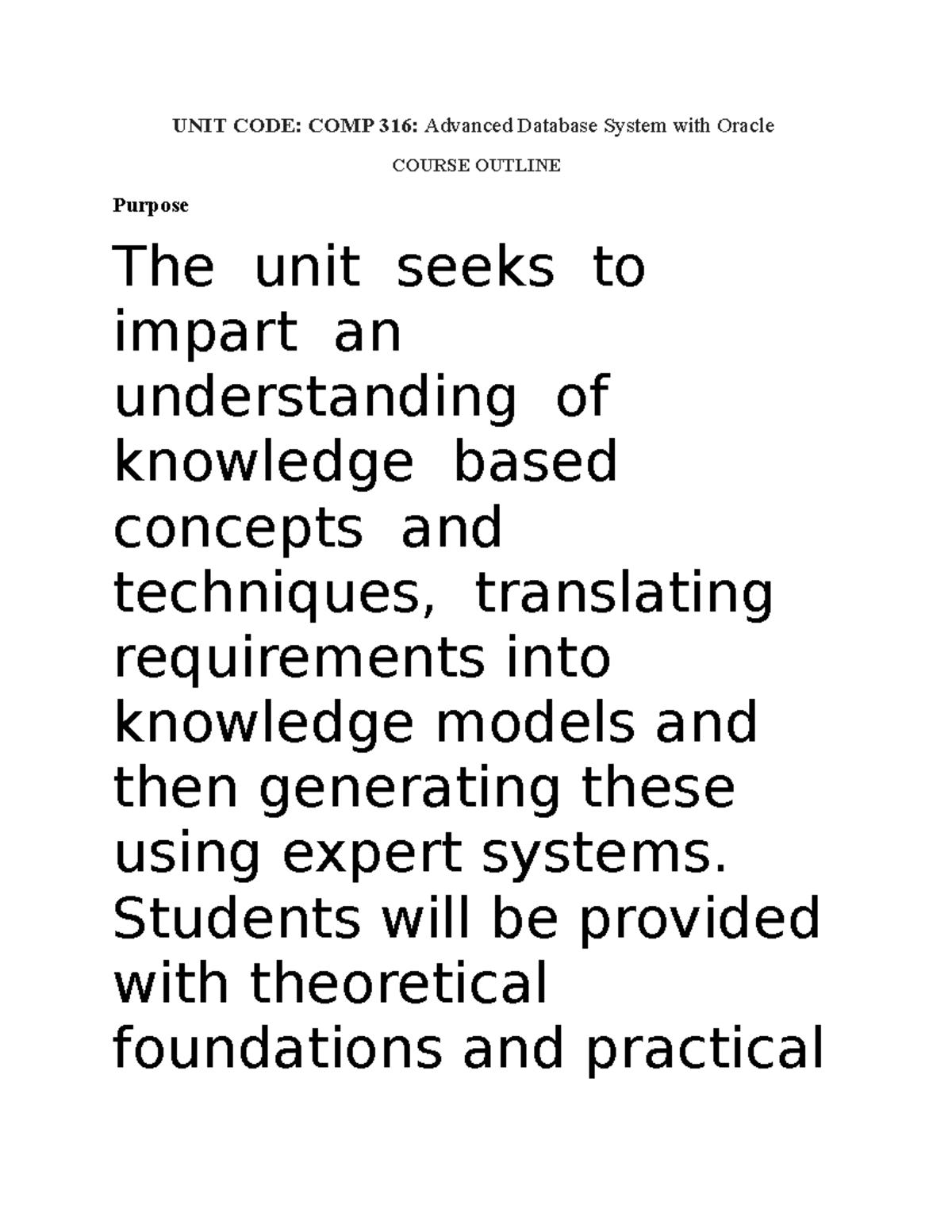 Course Outline Advanced Database Systems With Oracle Unit Code Comp 316 Advanced Database 