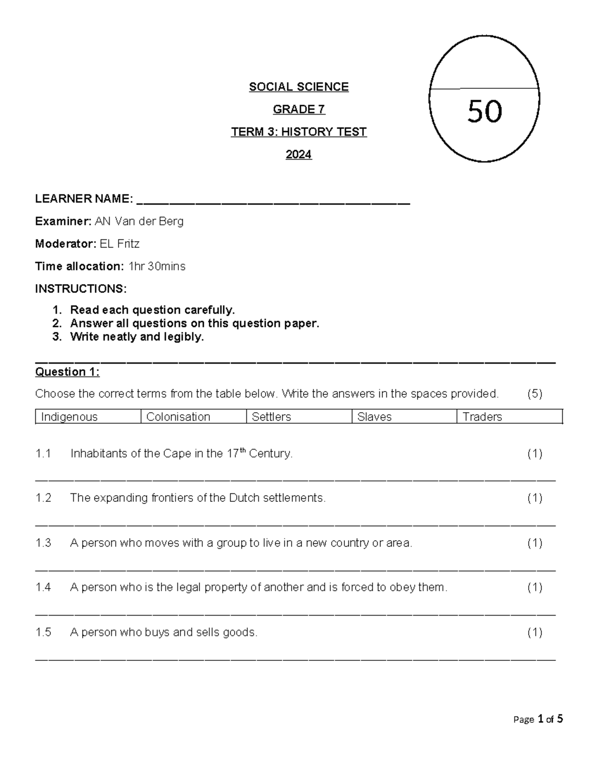 Gr7 T3 Sept Hist Test Resource - SOCIAL SCIENCE GRADE 7 TERM 3: HISTORY ...