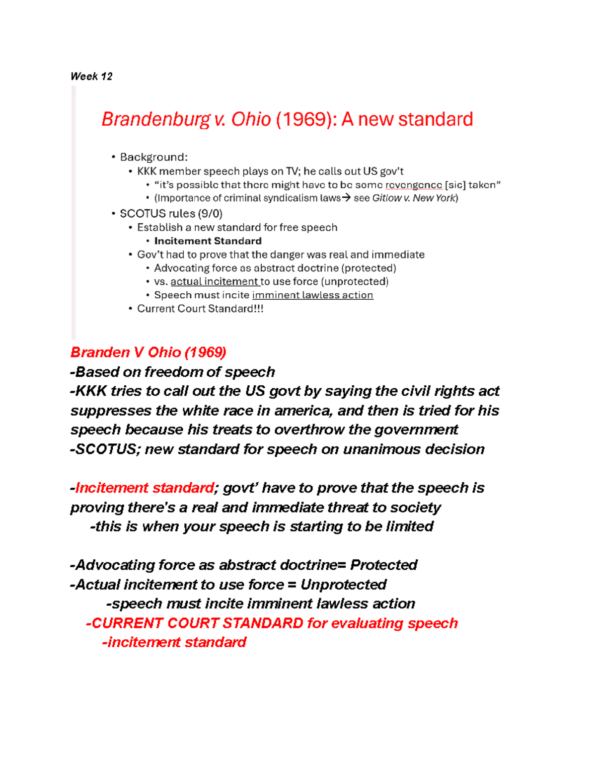 Unit 3; Court cases - Notes - Week 12 Branden V Ohio (1969) -Based on ...