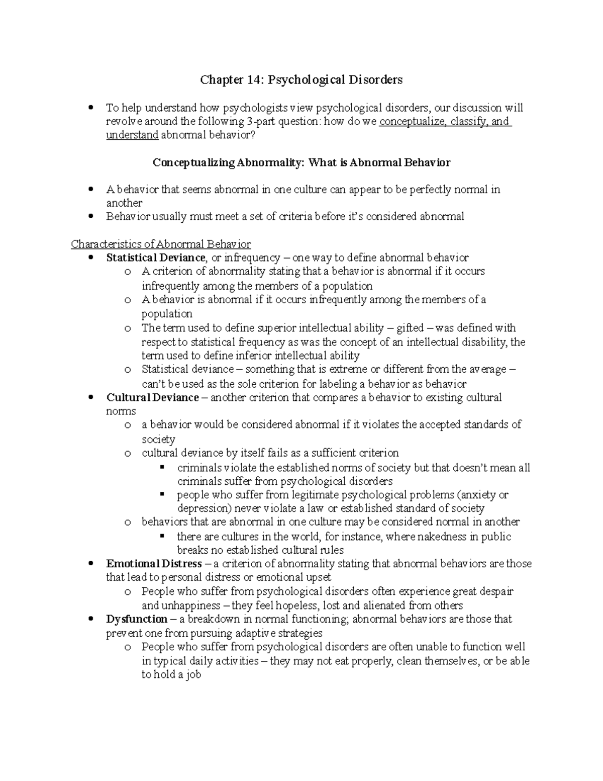 Ch 14 Book Notes - Chapter 14: Psychological Disorders To help ...