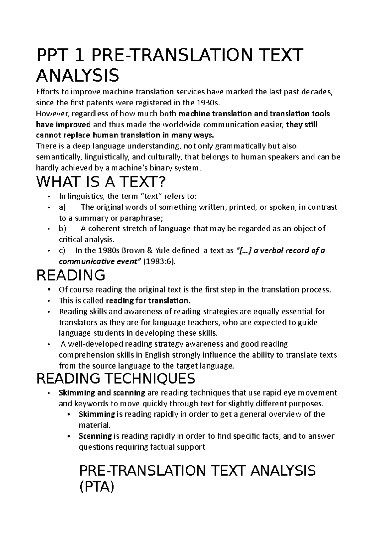 Ppt 1 Pre translation Text Analysis Inglese UNIPA StuDocu