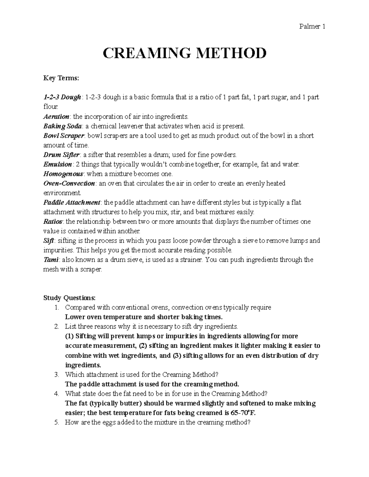 Creaming Method Study Questions - Palmer 1 CREAMING METHOD Key Terms: 1 ...