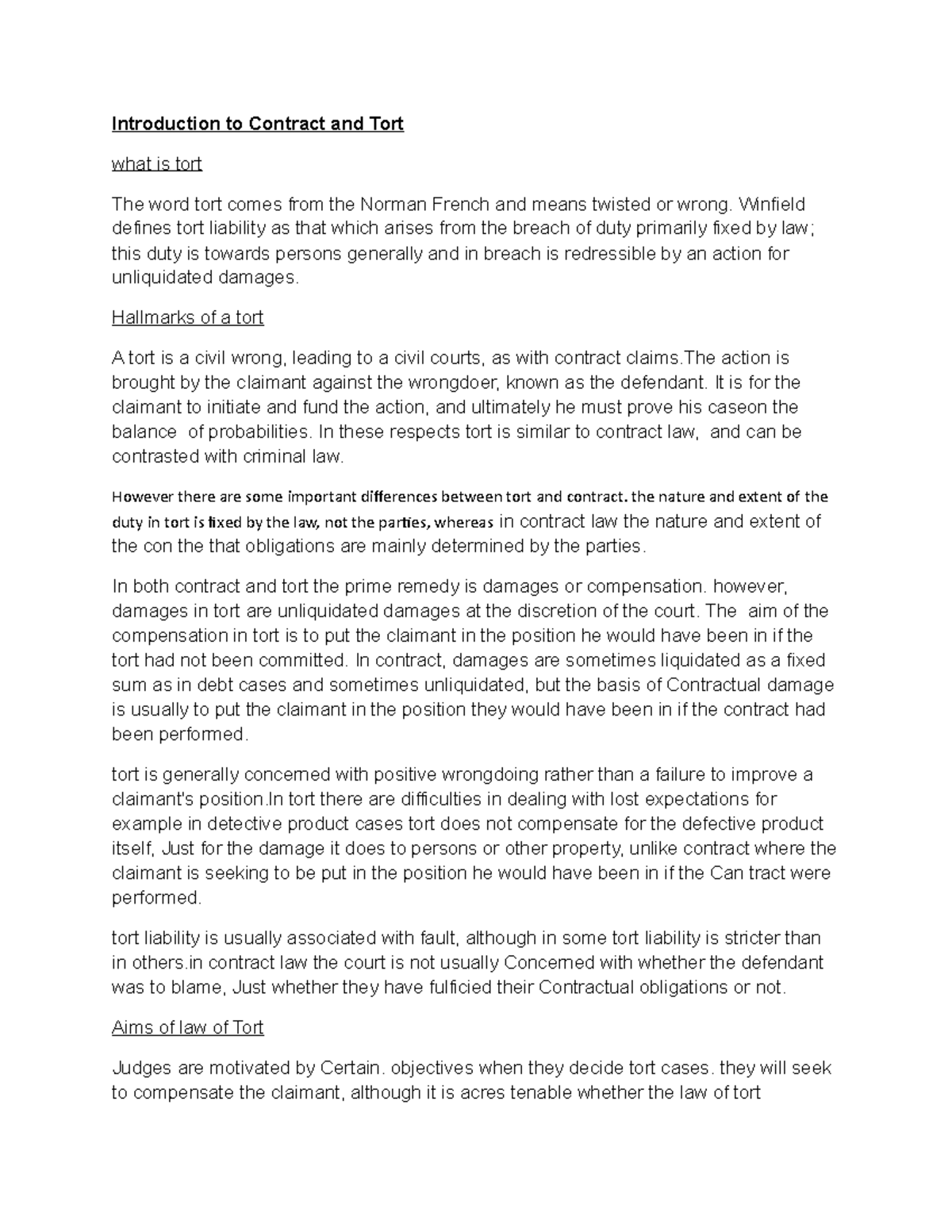 Topic one - Lecture notes 1 - Introduction to Contract and Tort what is ...