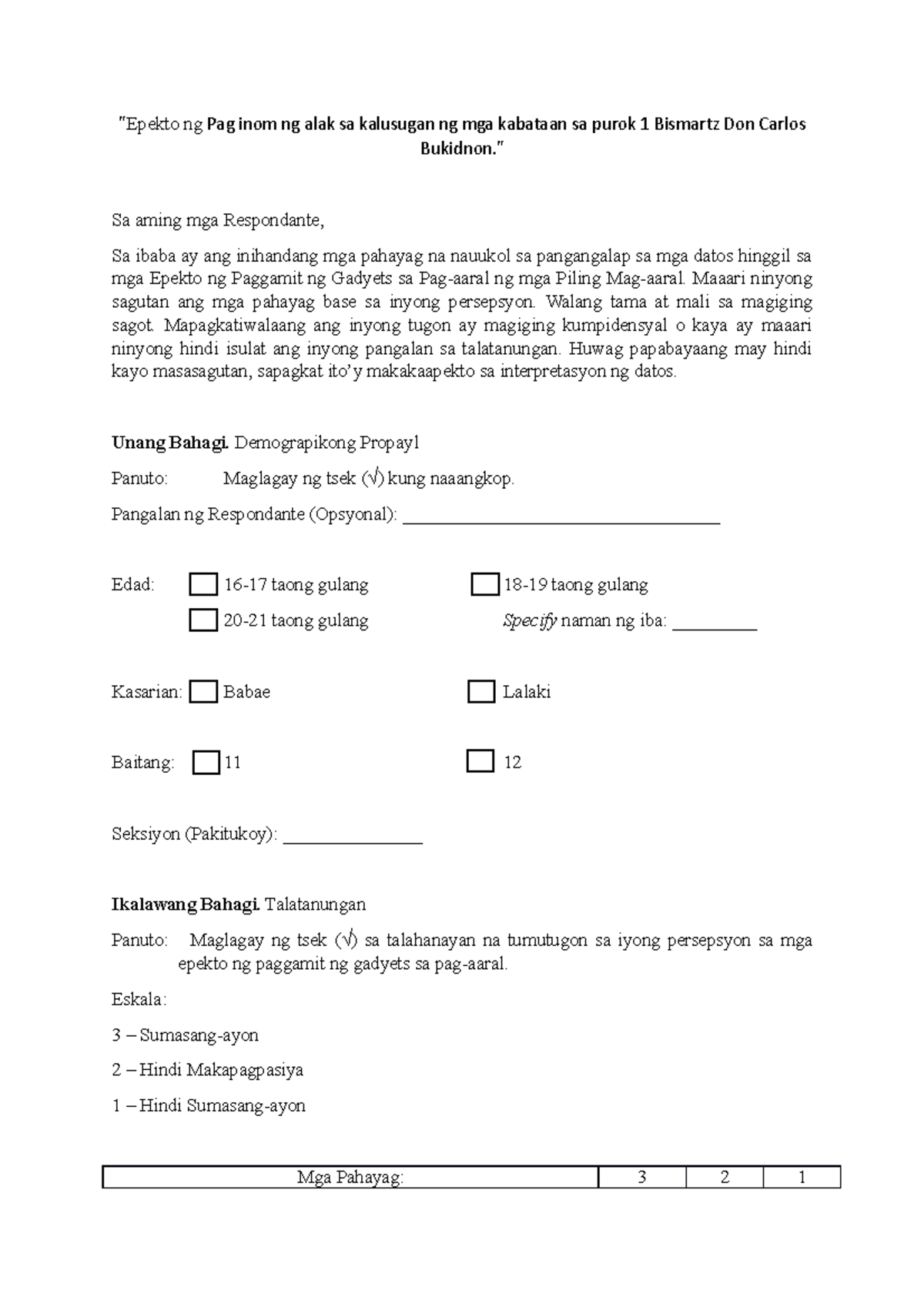 Talatanungan- Sample- Formatguide - "Epekto ng Pag inom ng alak sa ...