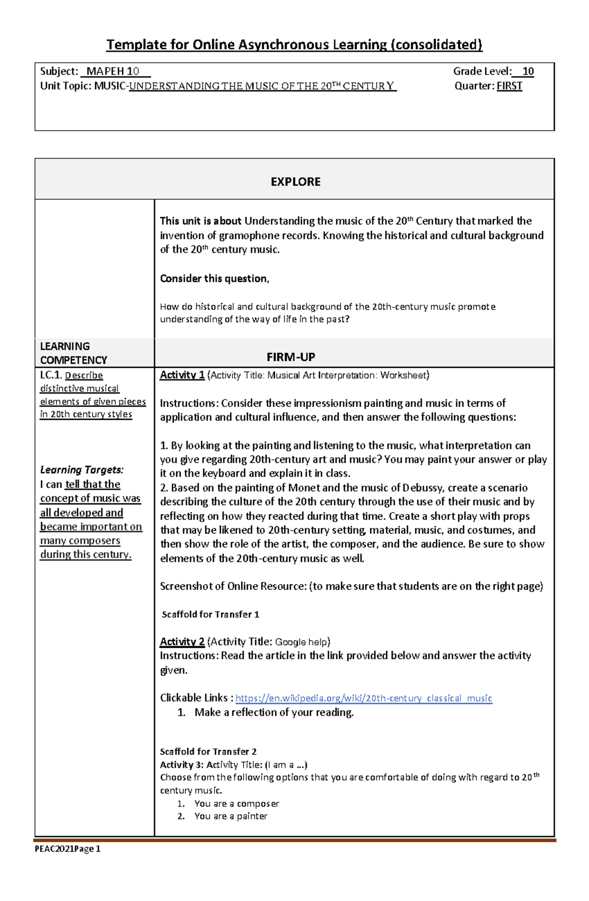 AREA B.2 Learning Plan Quarter 1 Mapeh 10 - Template for Online Asynchronous Learning ...