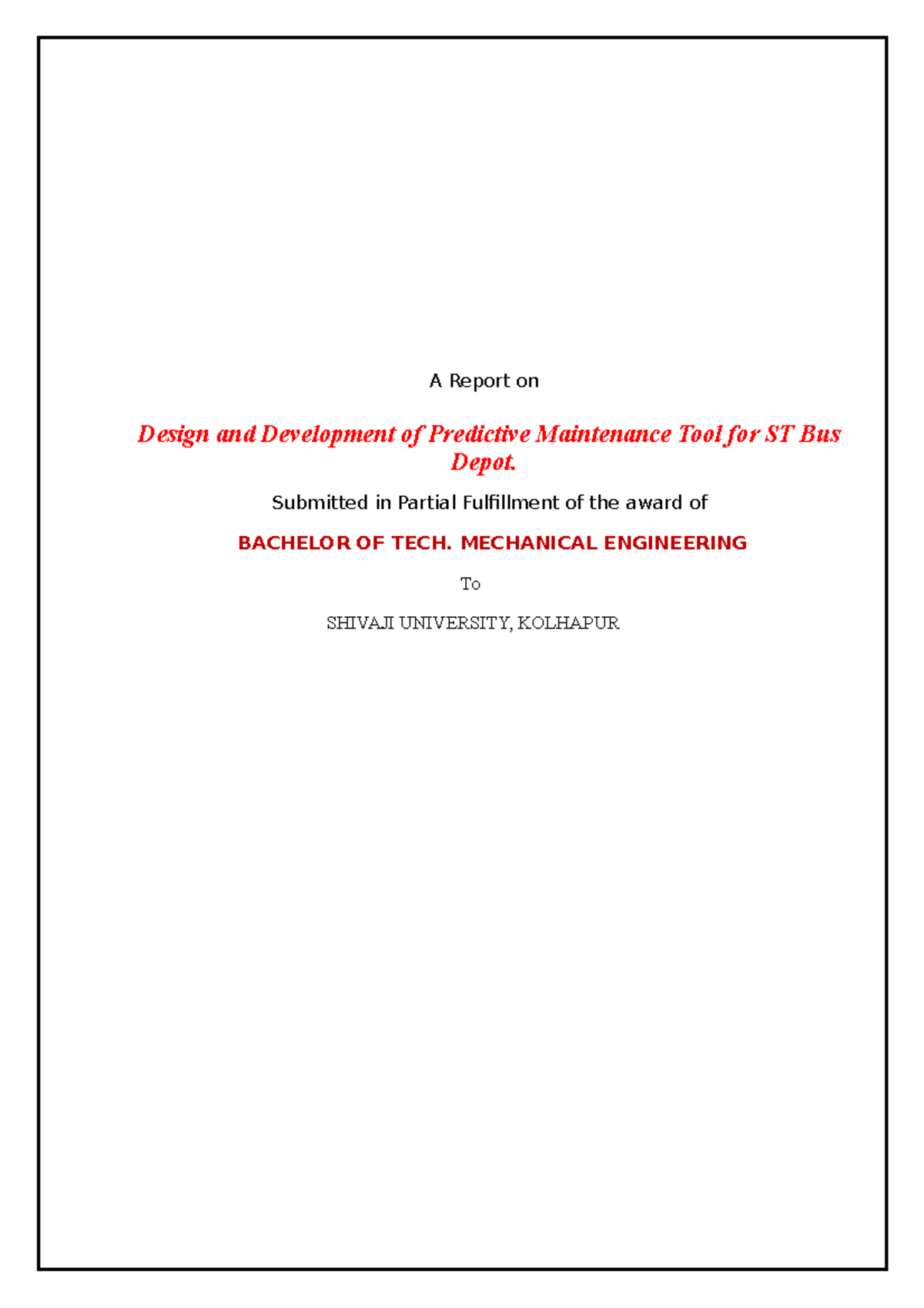 Project Report on Design and Development of Predictive Maintenance Tool ...