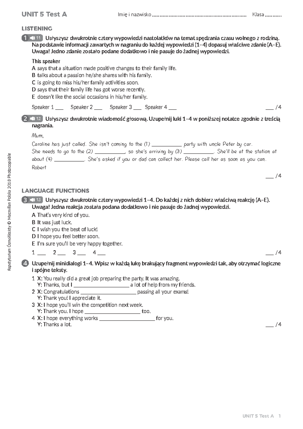 [Unit 5] Test (A) - Sprawdzian unit 5 - Imię i nazwisko Klasa ...