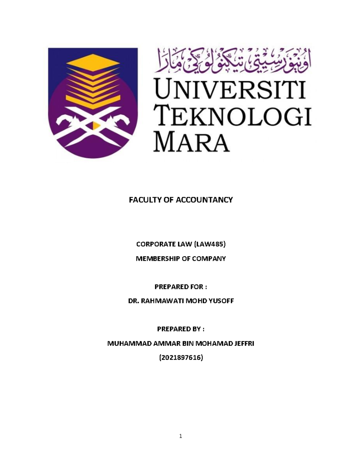 MUHAMMAD AMMAR BIN MOHAMAD JEFFRI_ASSIGNMENT LAW485 - Corporate Law ...