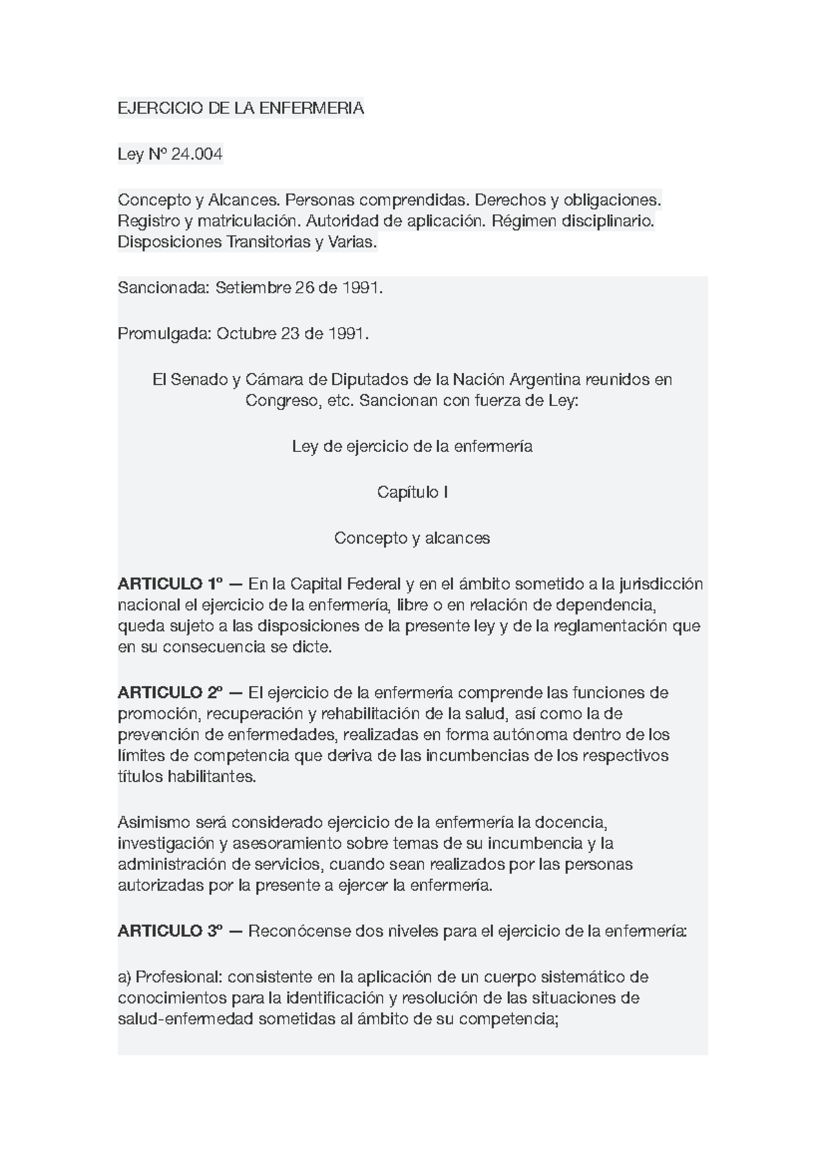 Ley 24.004 - EJERCICIO DE LA ENFERMERIA Ley Nº 24. Concepto y Alcances ...