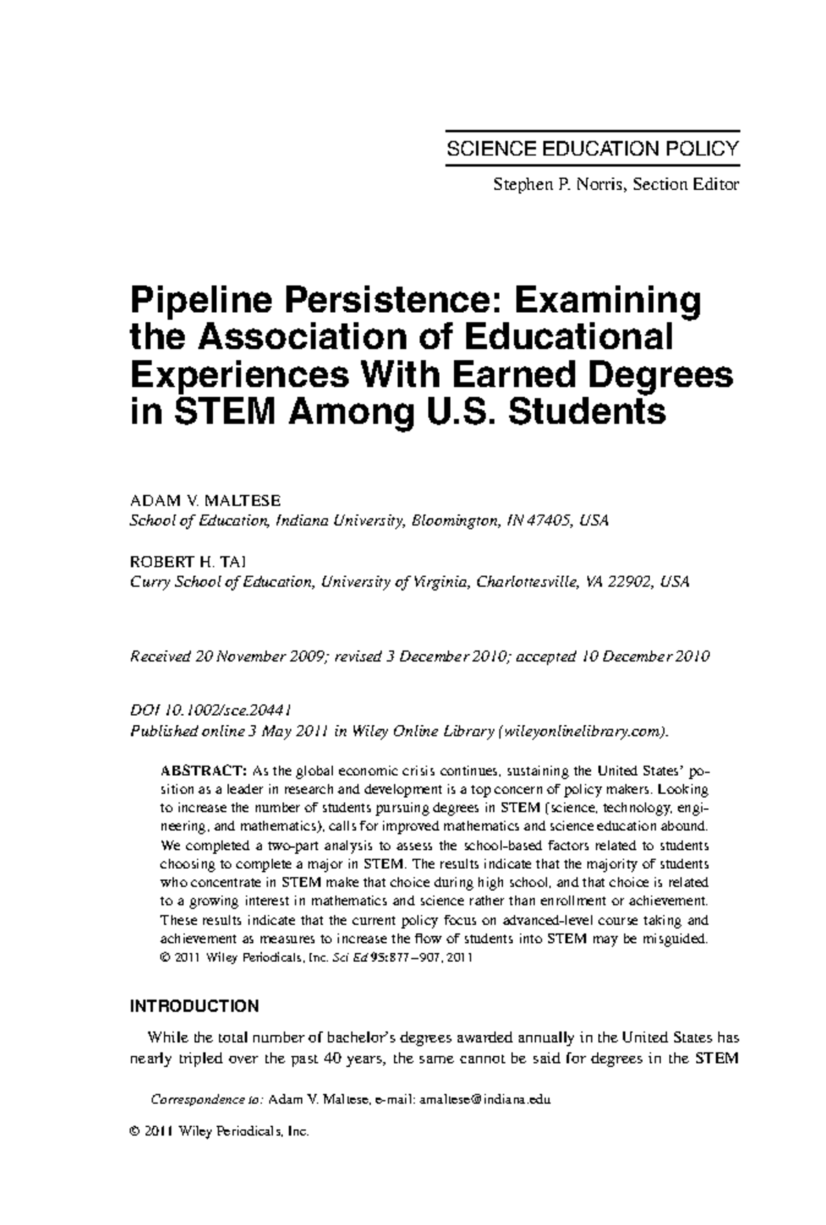Pipeline persistence Examining the assoc - SCIENCE EDUCATION POLICY ...