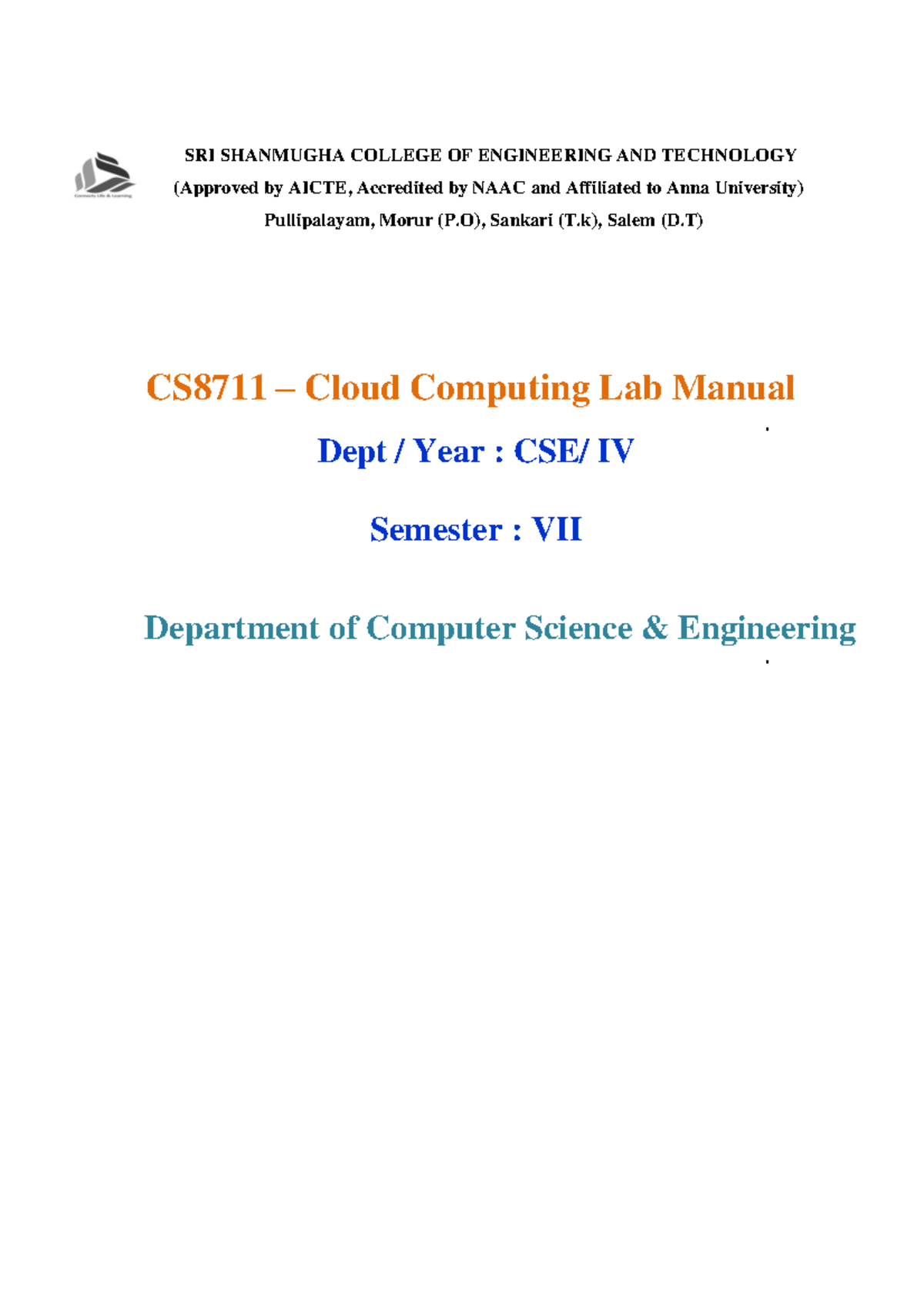 Cloudcomputinglabmanual cse - SRI SHANMUGHA COLLEGE OF ENGINEERING AND ...