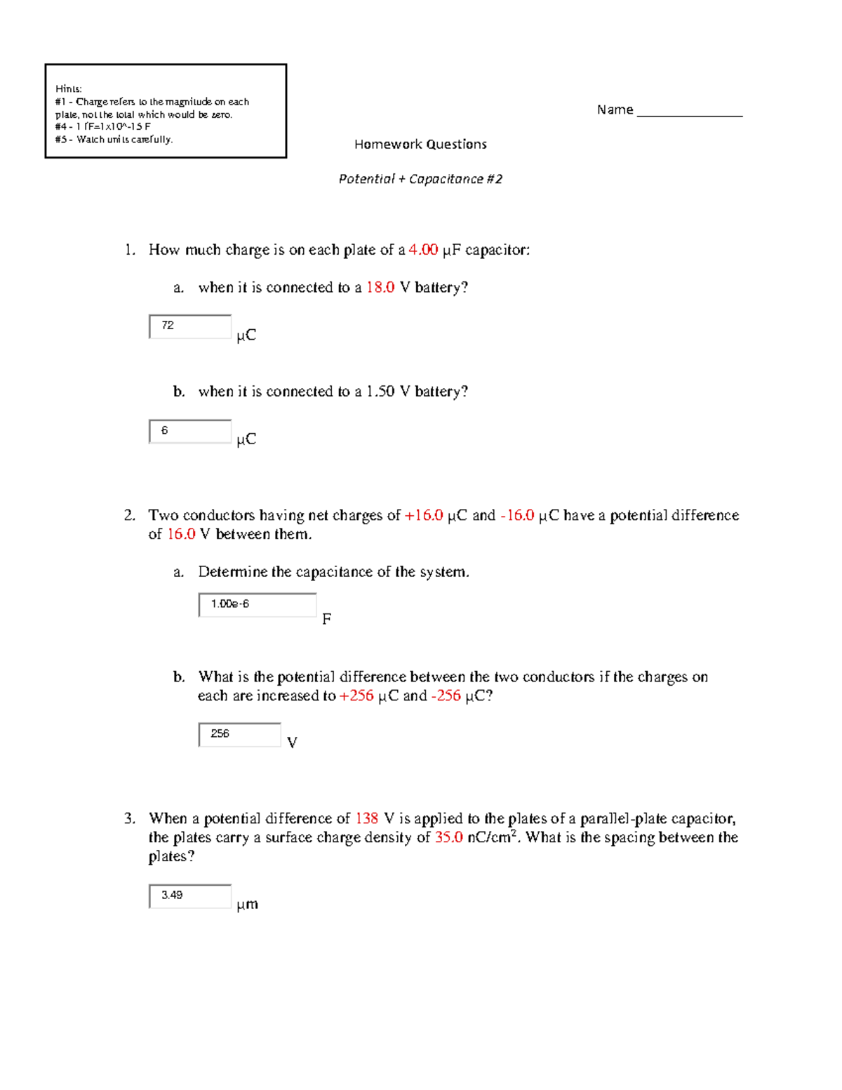 Worksheet 1 electric potential - Name ______________ Homework Questions ...