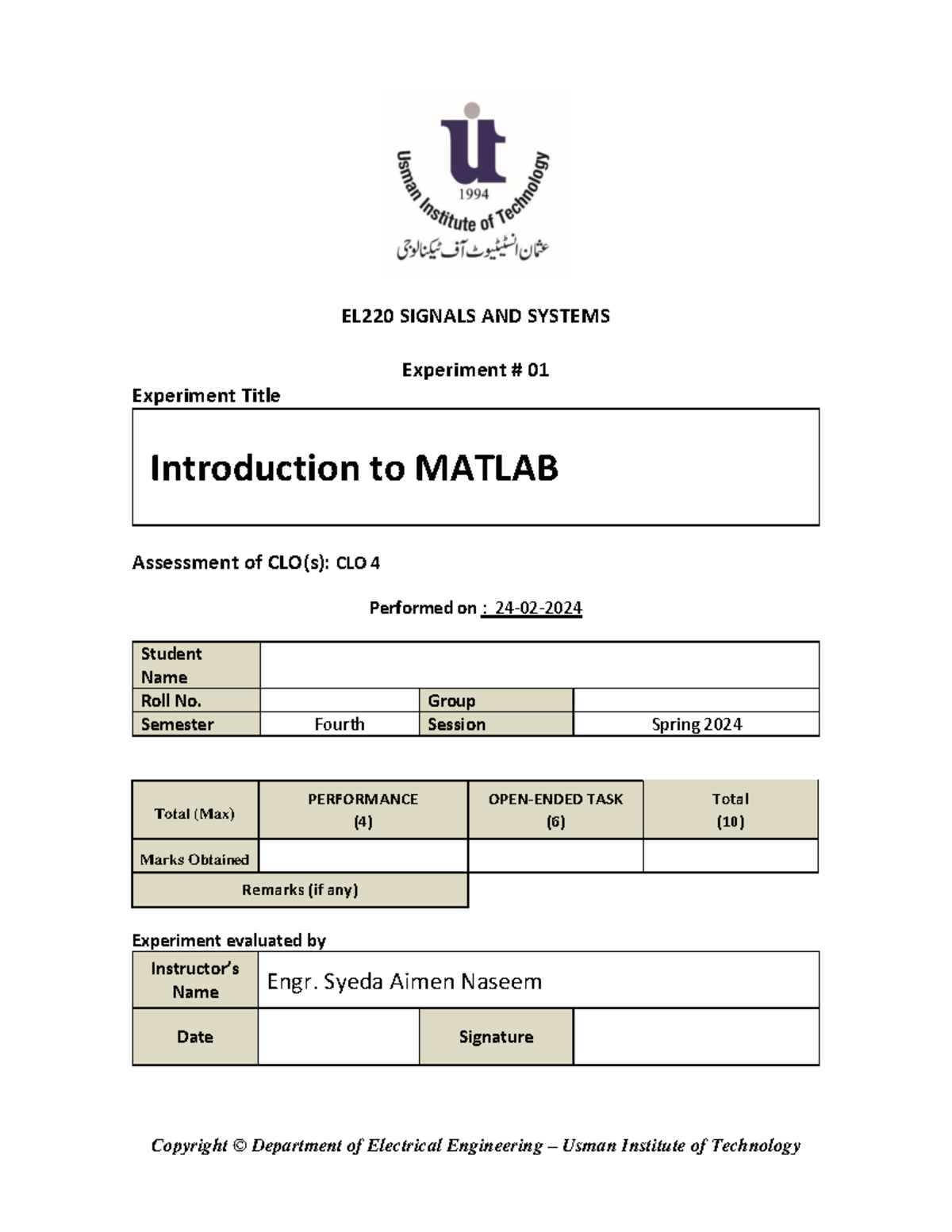 Lab 01 - ,cn\kcnksnc - EL 220 SIGNALS AND SYSTEMS Experiment # 01 Experiment Title Introduction ...