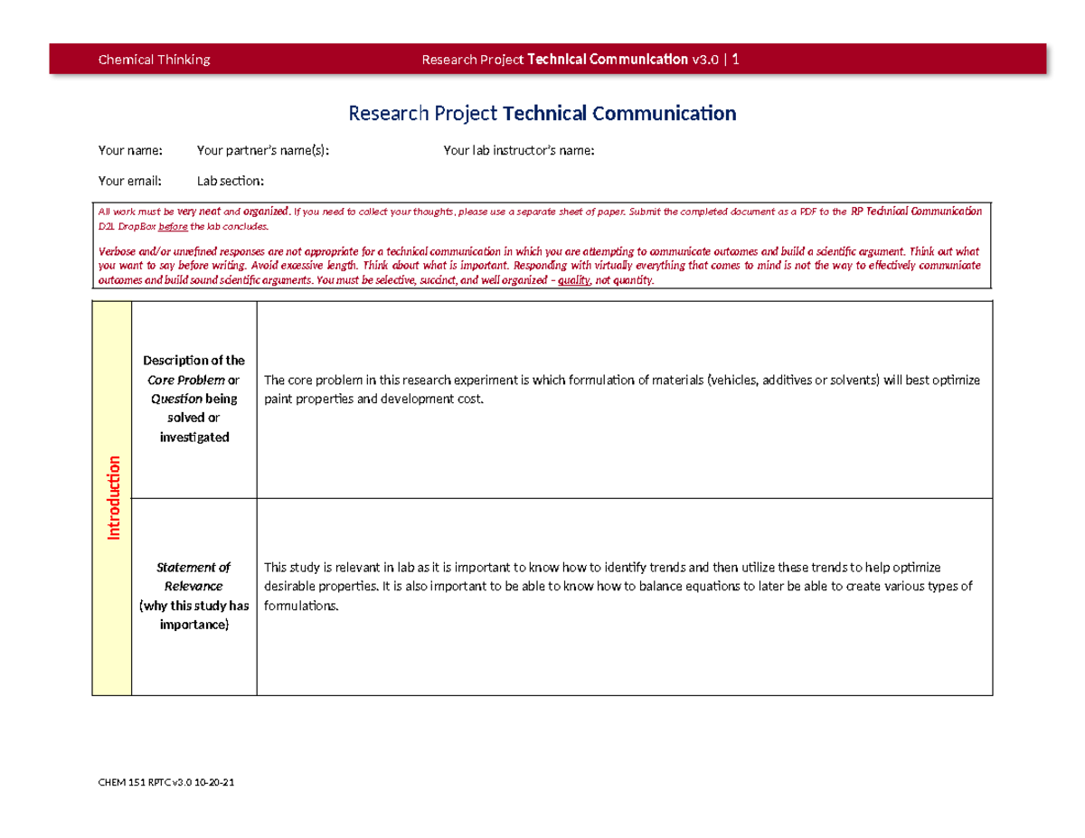 Chem 151 Lab Tech Comm - Research Project Technical Communication Your ...