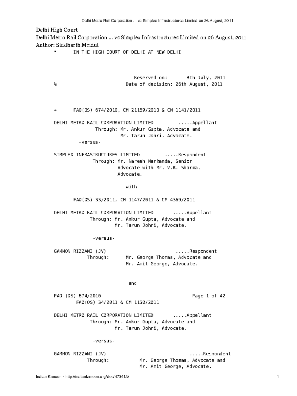 Delhi Metro Rail Corporation vs Simplex Infrastructures Limited on 26 ...